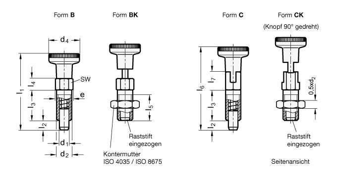 GN 717 Rastbolzen, Edelstahl, mit Knopf, mit und ohne Rastsperre ...
